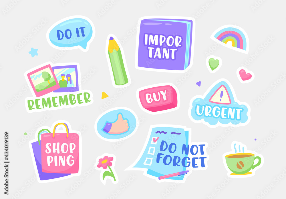 Set of Stickers Do not Forget, Important, Urgent and Buy. Shopping ...