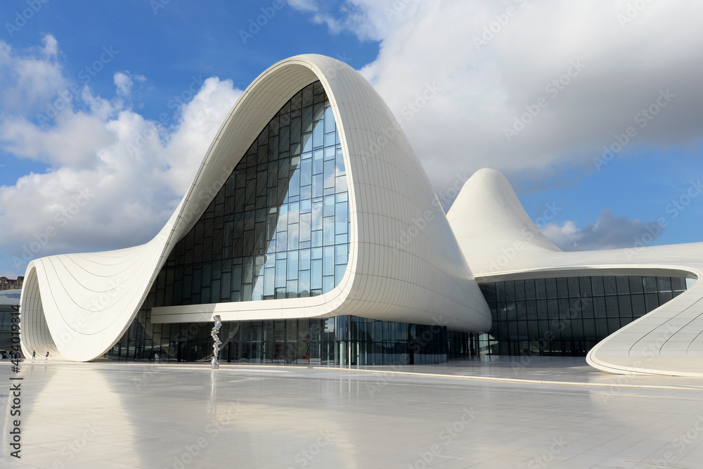 Heydar Aliyev Cultural Center in Baku, Azerbaijan. Architecture style by Zaha Hadid. Flowing and ...