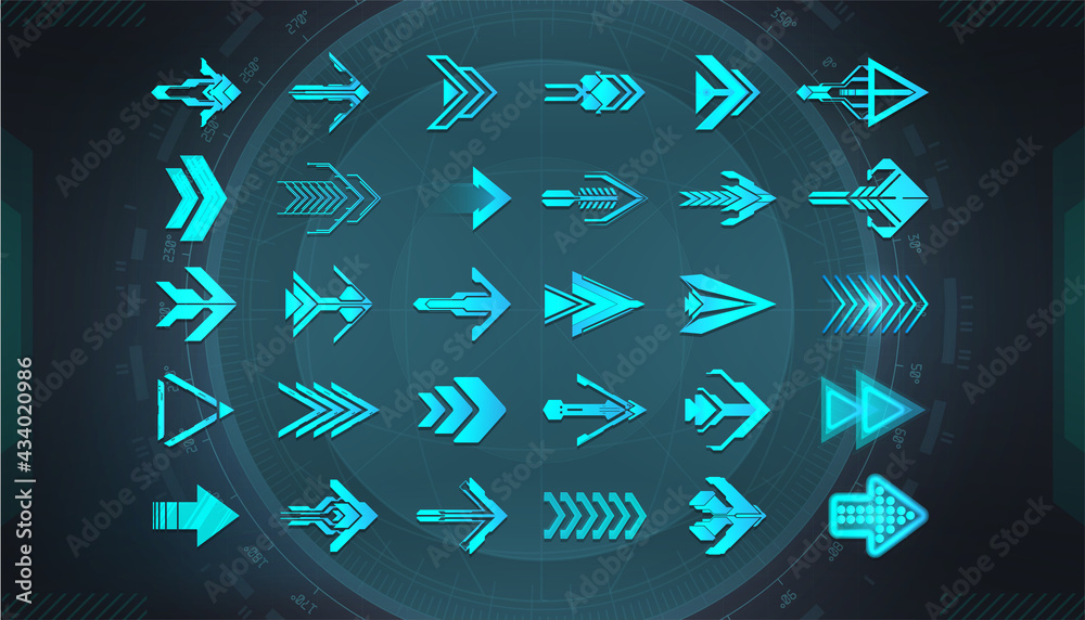 Arrows set in HUD style for Web, App, GUI - UI, UX, Kit design ...