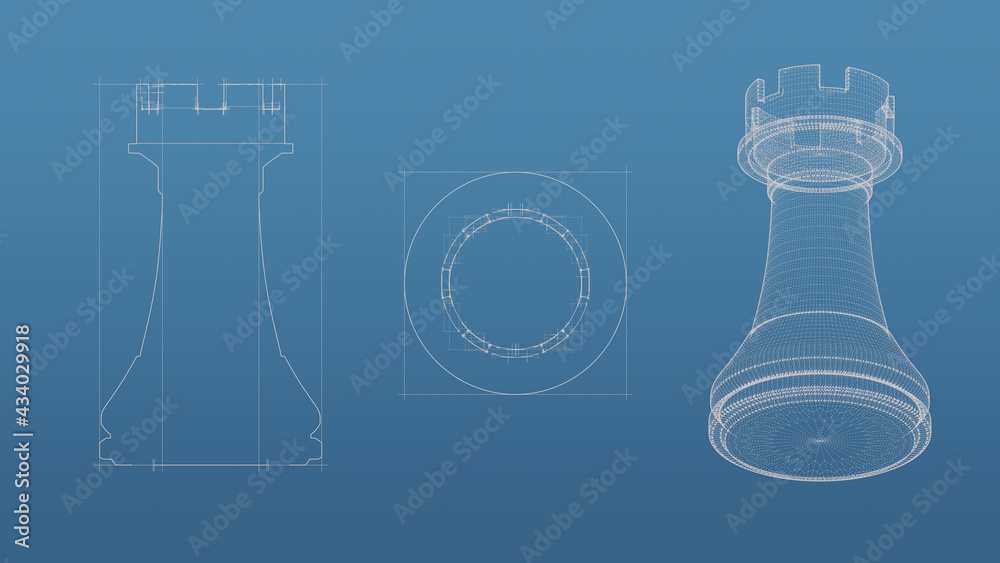 Chess 3d blueprint mesh model on a blue background. Front view ...