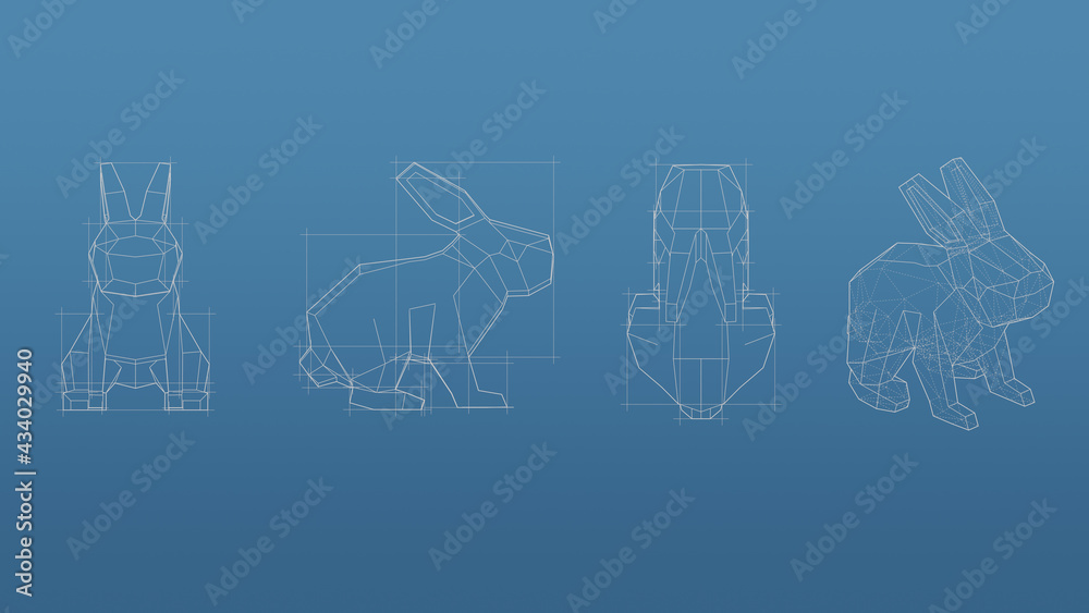 Rabbit 3d blueprint mesh model on a blue background. Front view ...