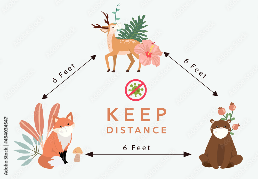 Cute animal social ditancing collection with fox,deer is wearing mask ...