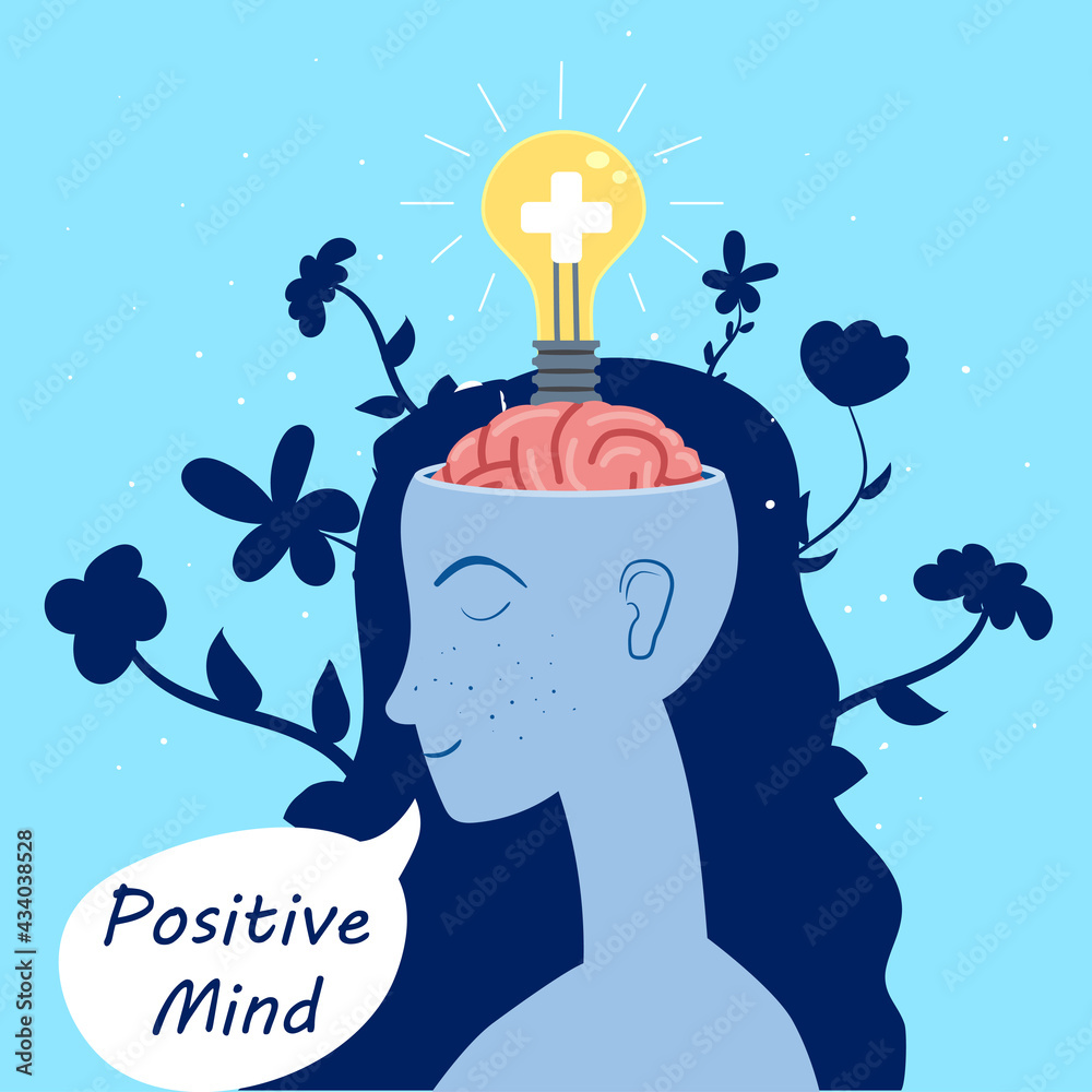 Positive Mind Girl with an open brain opens idea, bulb, a solution to a ...