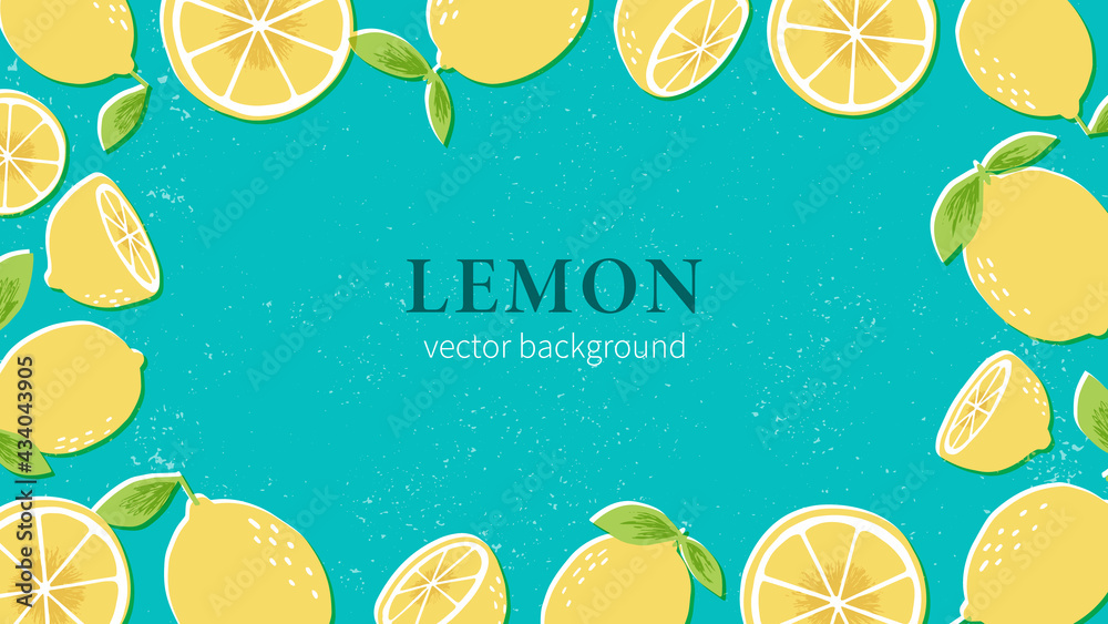 Hand drawn lemon illustration on distressed teal blue background ...