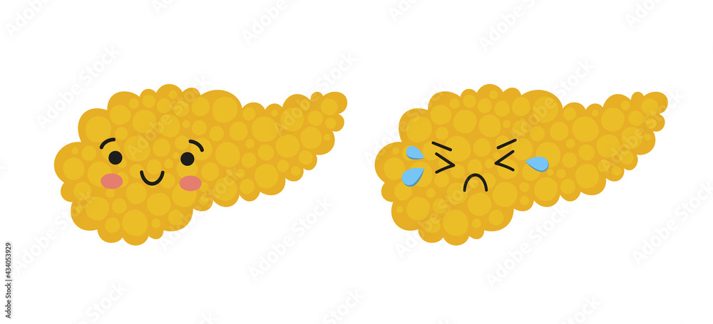 Happy and crying kawaii character of pancreas. Drawing of health and ...