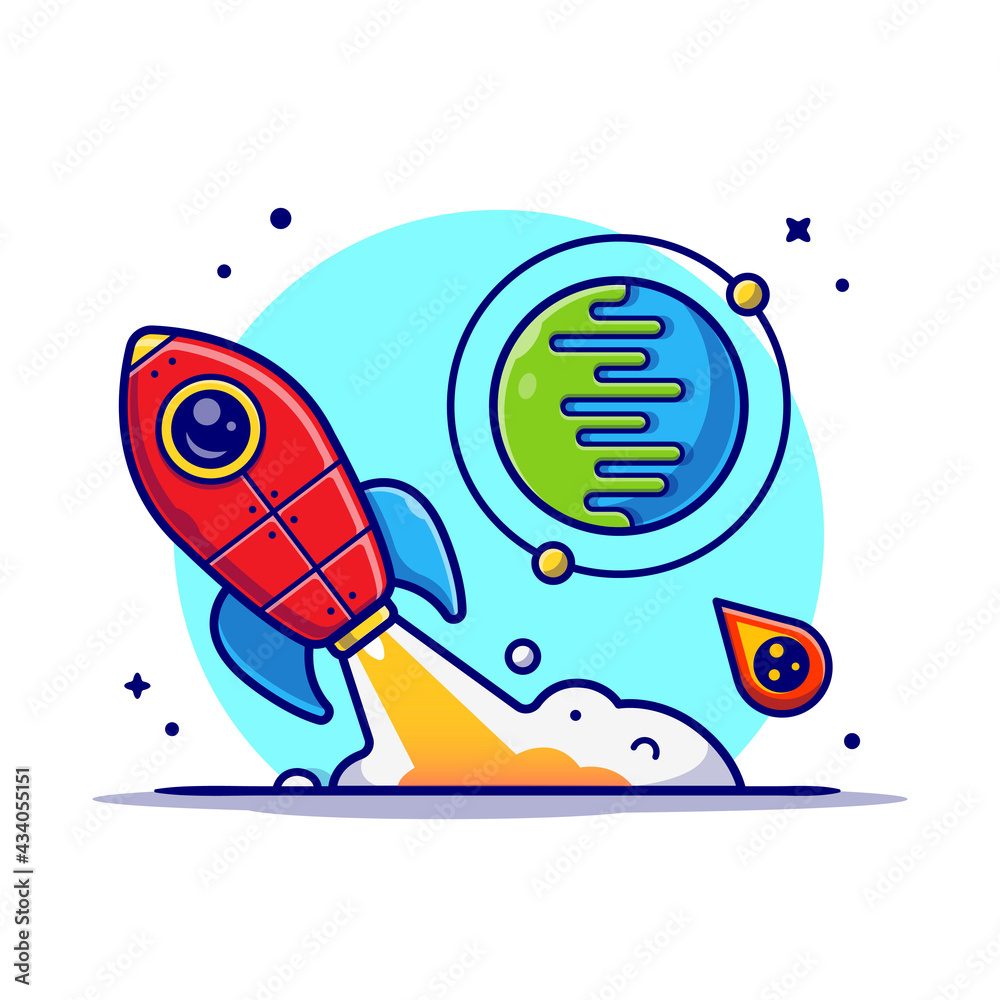 Rocket Taking Off with Planet and Meteorite Cartoon Vector Icon ...