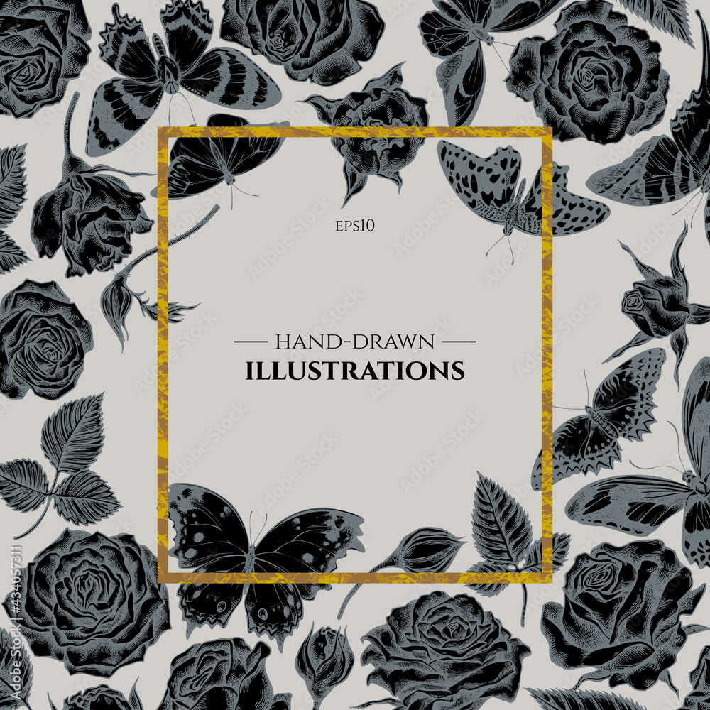 Badge over design with menelaus blue morpho, giant swordtail, lemon ...