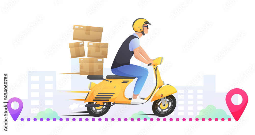 Yellow fast retro delivery motorbike scooter with courier and boxes on ...
