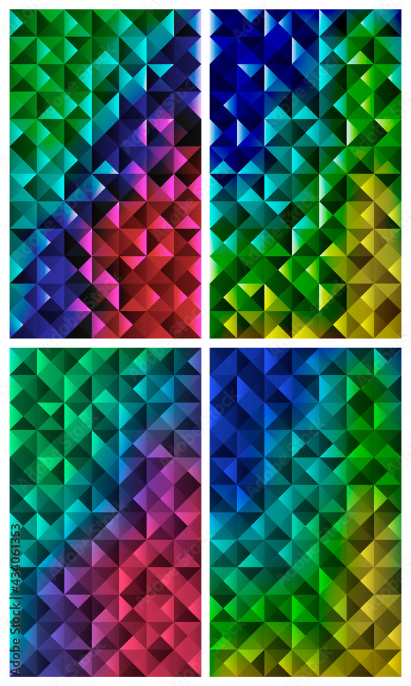 Set of vertical geometric backgrounds with gradient highlighting. The ...