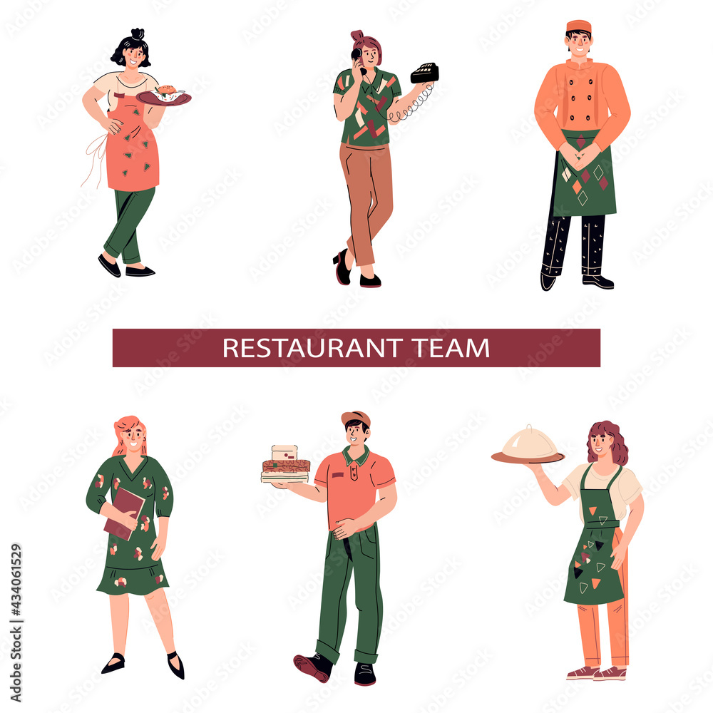 Restaurant, fast food or take away cafe staff characters set, cartoon ...
