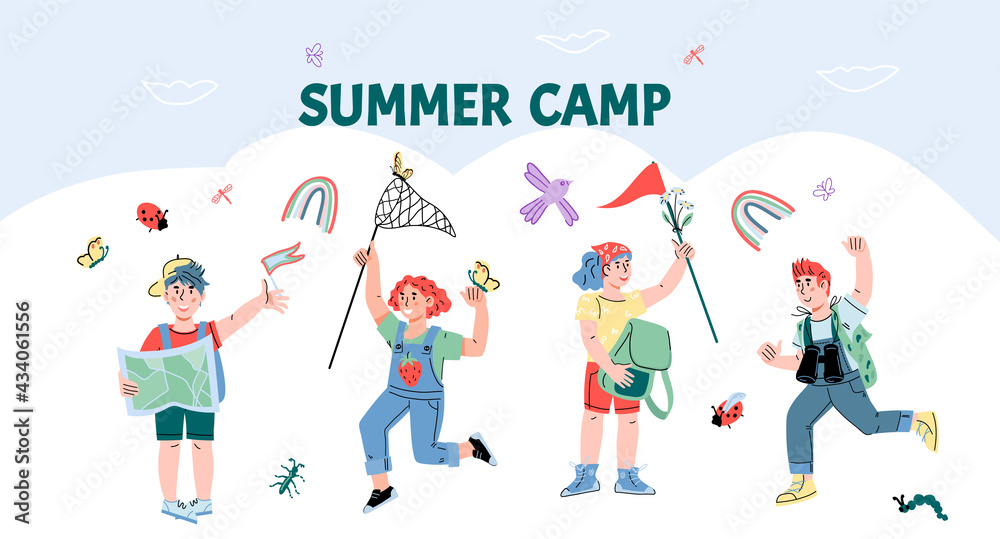 Childrens summer camp banner or poster template with cute boys and ...