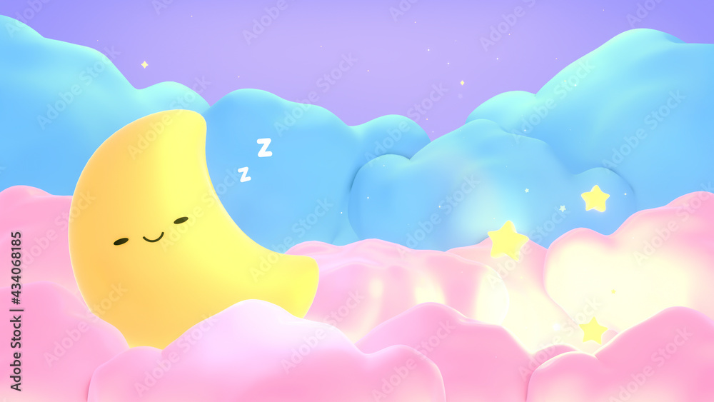 Cartoon cute smiling moon with comic zzz effect and stars on the pink ...