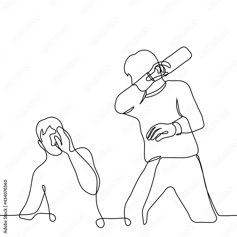 man hits another man with a bottle - one line drawing. the man swung ...