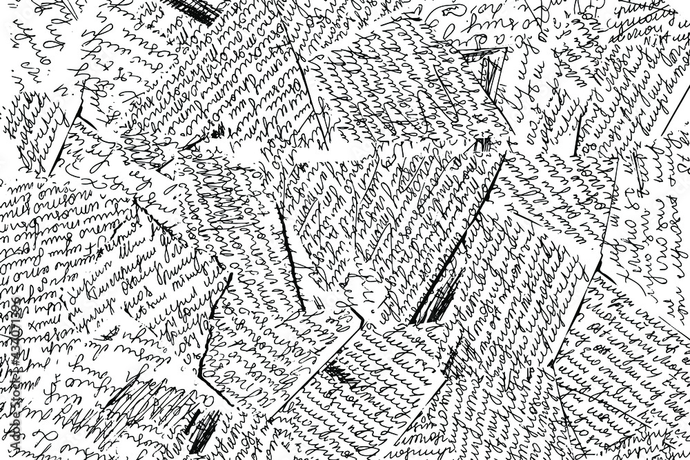 Grunge texture of unreadable sloppy handwriting on scraps of paper. The ...