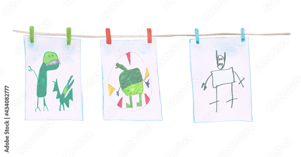 Preschool childish drawings on a clothesline with clothespins. Hand ...