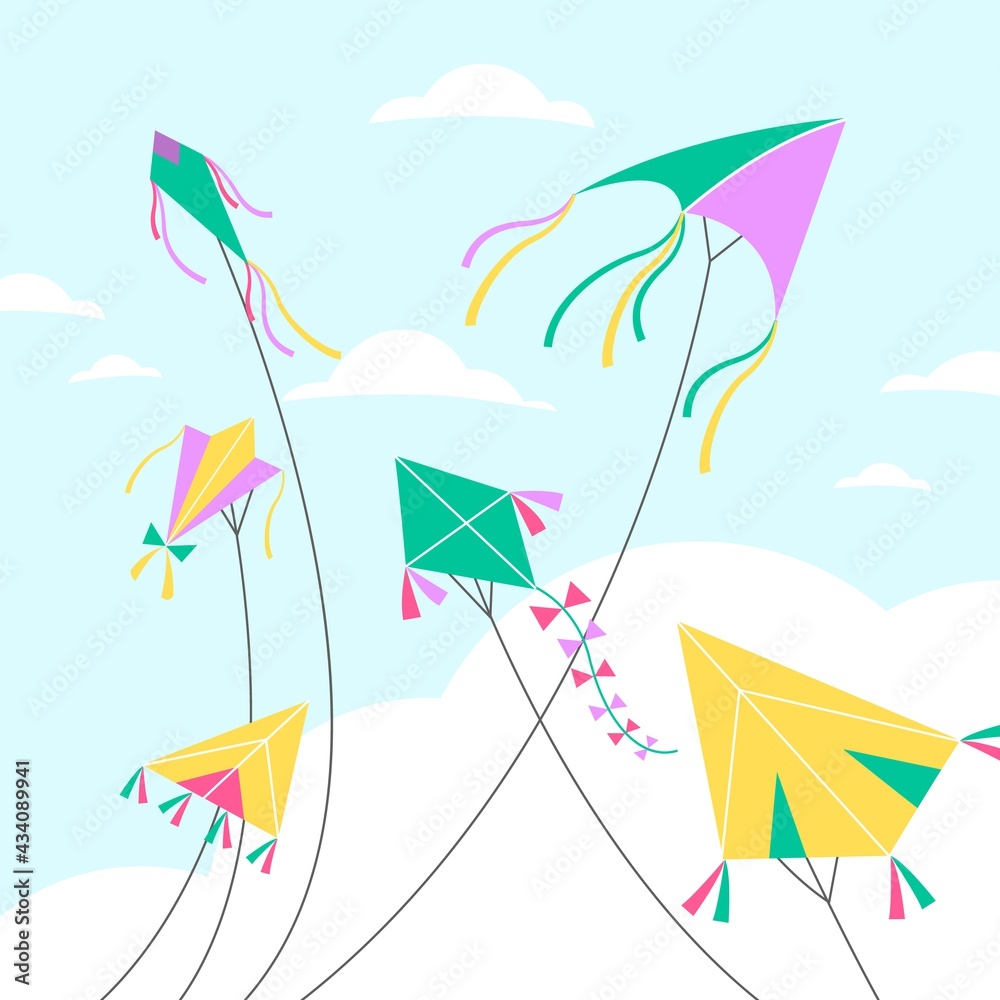 Kites in sky. Different shapes air toys on clouds backdrop, blue sky ...