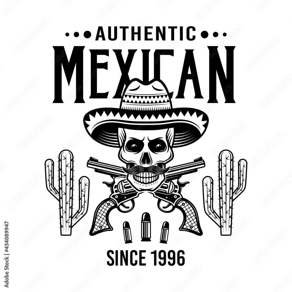 Skull of mexican bandit in sombrero and crossed guns vector emblem ...