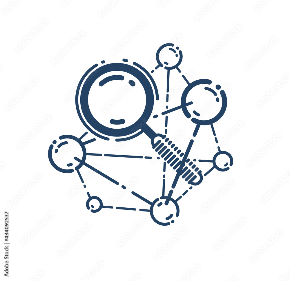 Magnifying glass and molecule vector simple linear icon, science ...