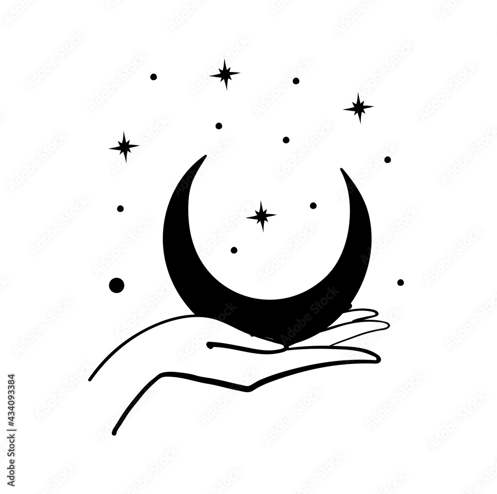 Hand holding moon, flat vintage boho icon, tattoo. Mystical symbol for ...