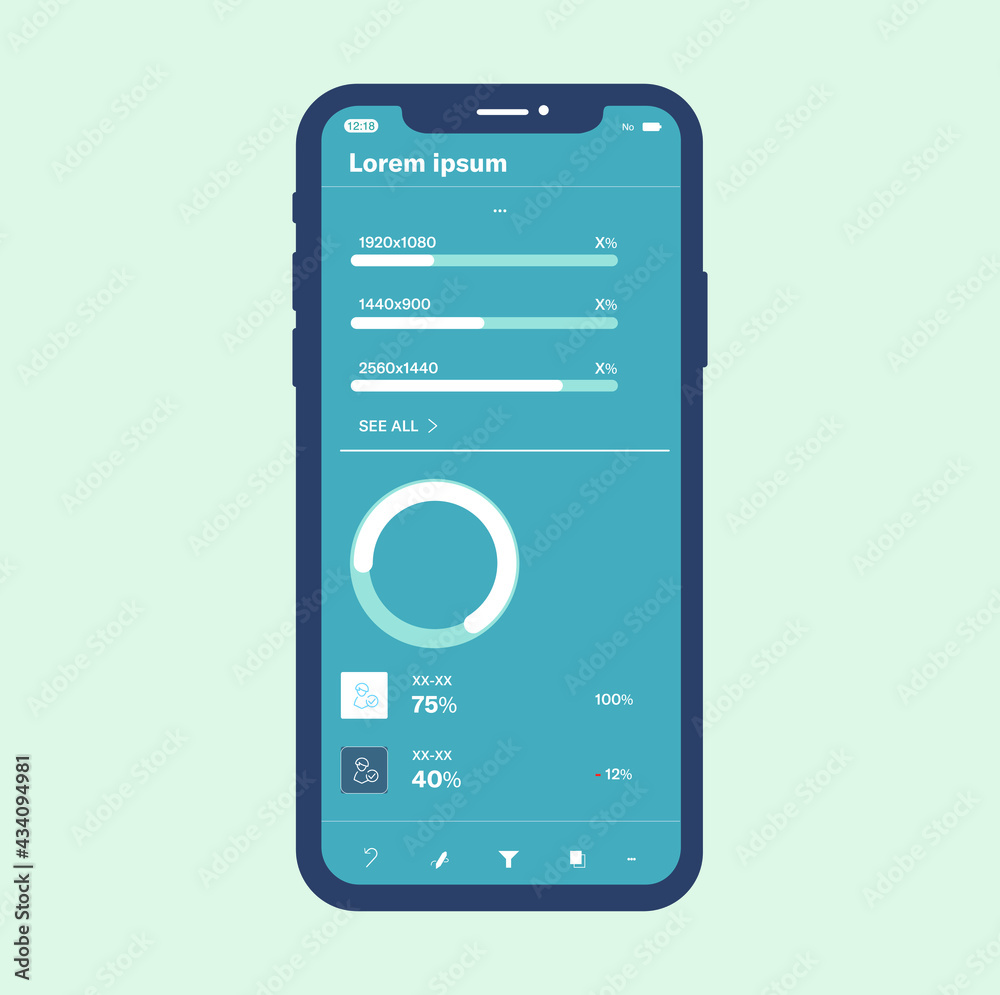Dashboard mobile 7 theme. Graphs and charts. Table to edit. Template ...