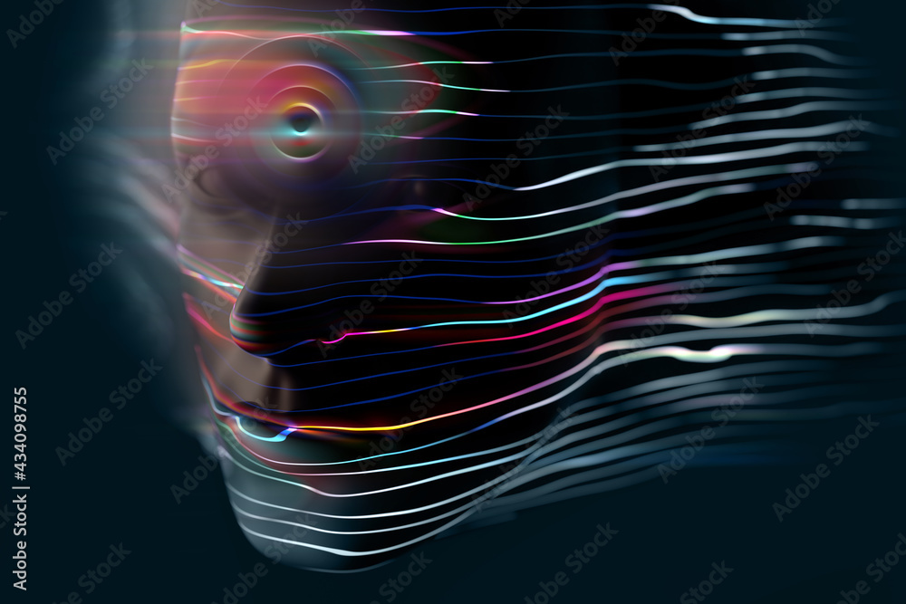 Futuristic human head, black with bright lines. Concept of artificial ...