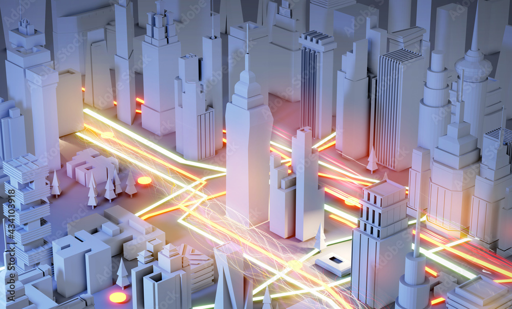 3D Render Abstract city. Modern City plan, streets and skyscrapers with ...