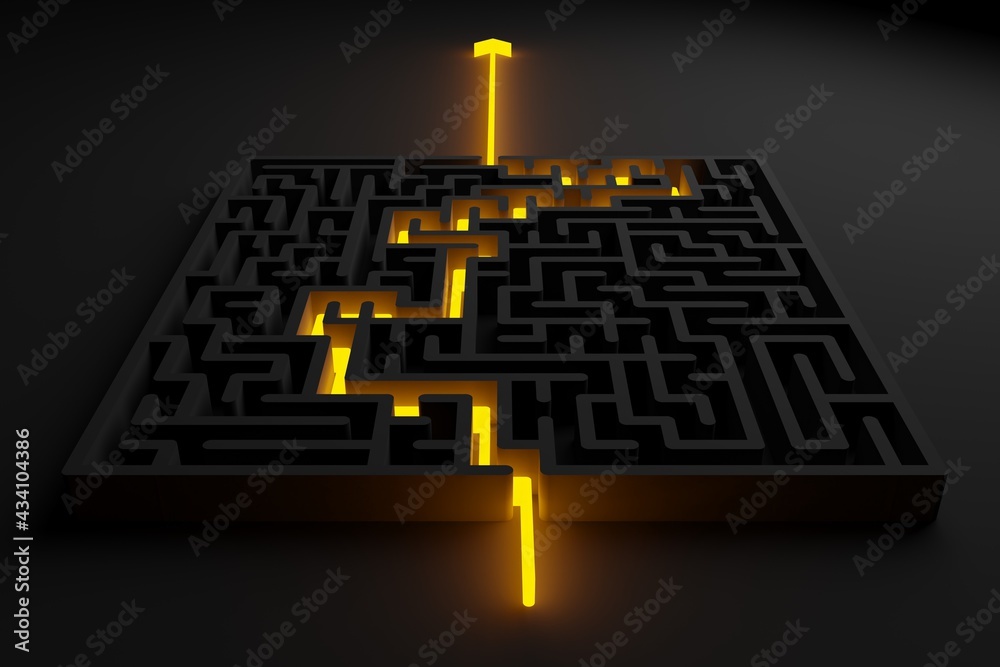Yellow glowing path thru black maze or labyrinth over black background ...