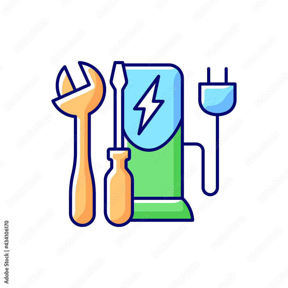 Charging station maintenance RGB color icon. Fixing electronic vehicle ...