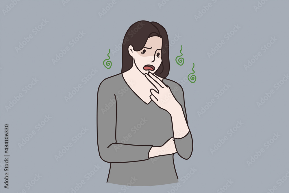 Frustration, feeling down and sick concept. Young frustrated girl ...