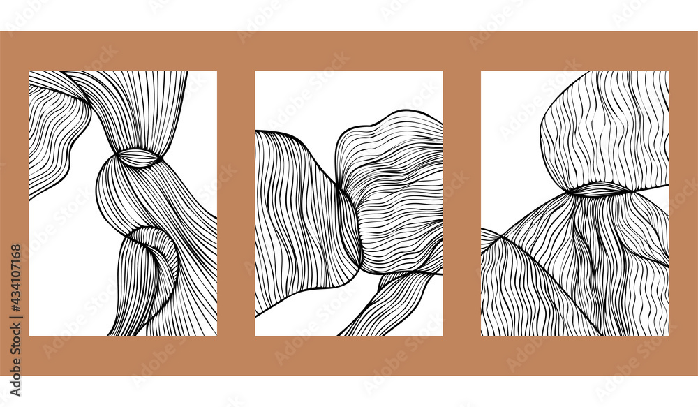 Set of three trendy graphic posters in line art styles. Hand drawn thin ...