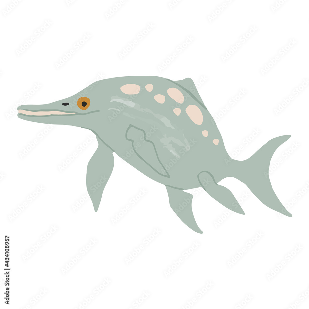 Funny vector flat dinosaur in cartoon style. Dinosaur Ichthyosaurus ...
