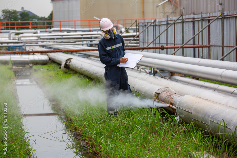 Male worker inspection visual pipeline oil and gas corrosion rust ...