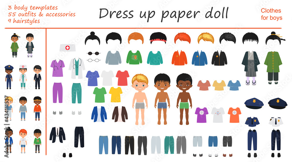 Dress up paper doll. Big set of professional, national and casual ...