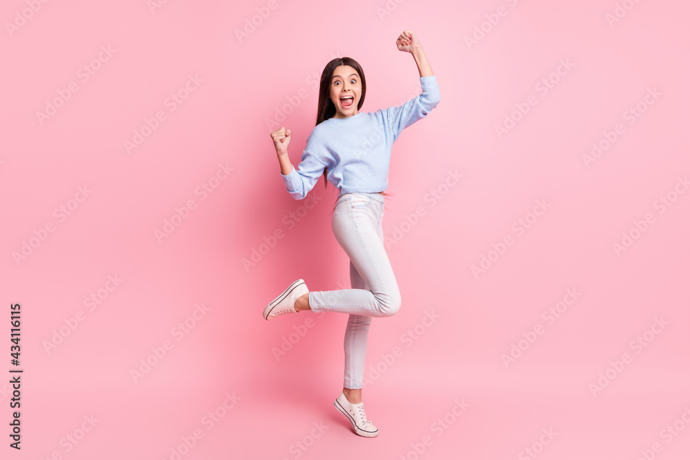Full length body size profile side view of nice skinny cheerful girl ...