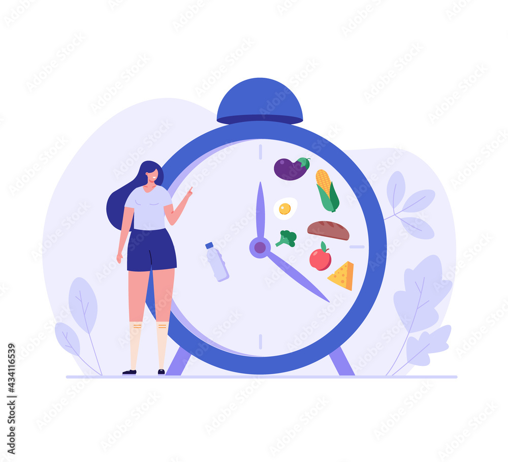 Woman standing food intake clock, diet food set. Concept of fasting ...