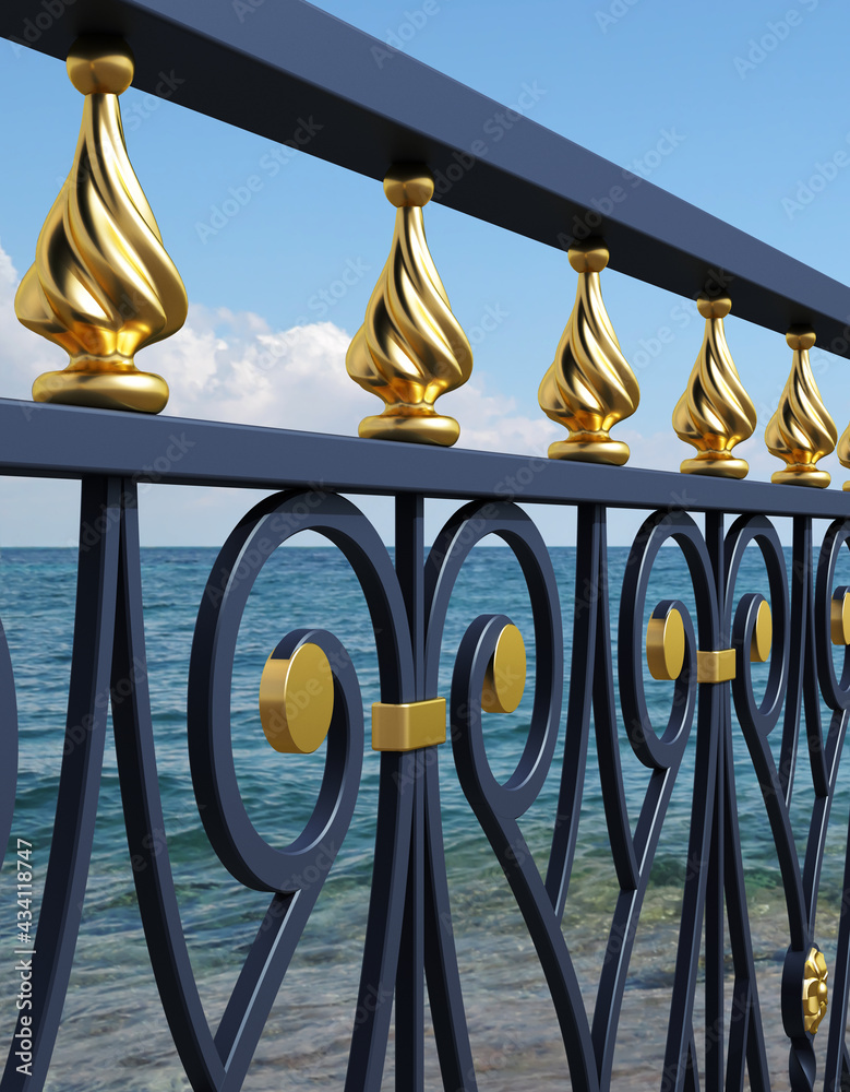 Forged detail. 3D rendering. Iron railing. Metal work. Gold decor ...