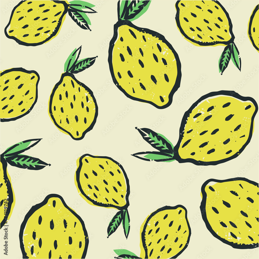 Vetor de Linocut yellow lemon pattern. Vector lino print pattern with ...
