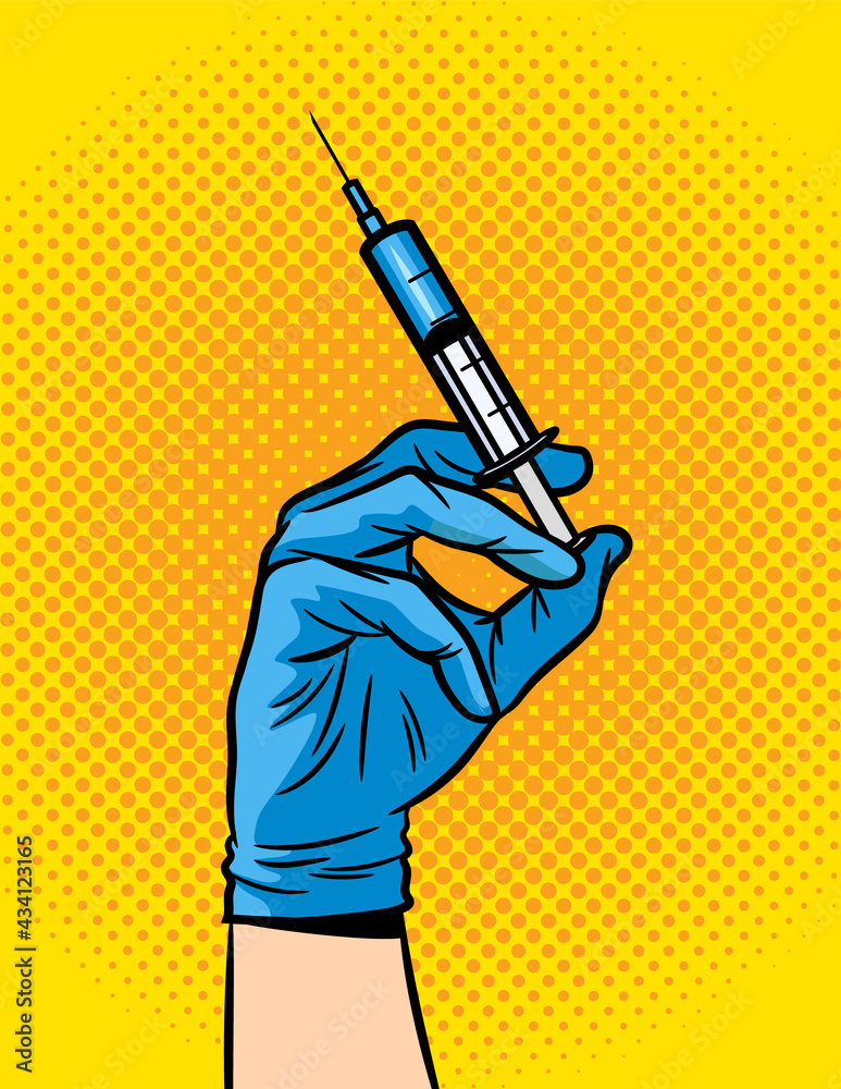 Vector color illustration in pop art style. A female hand in a medical ...