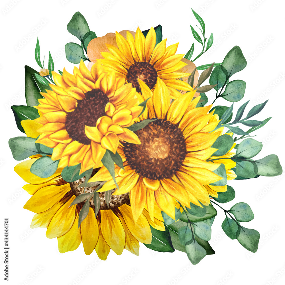 Watercolor sunflowers bouquet, hand painted sunflower bouquets ...
