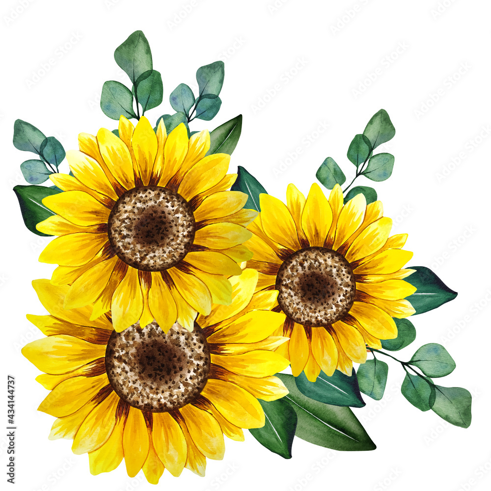 Watercolor sunflowers bouquet, hand painted sunflower bouquets ...