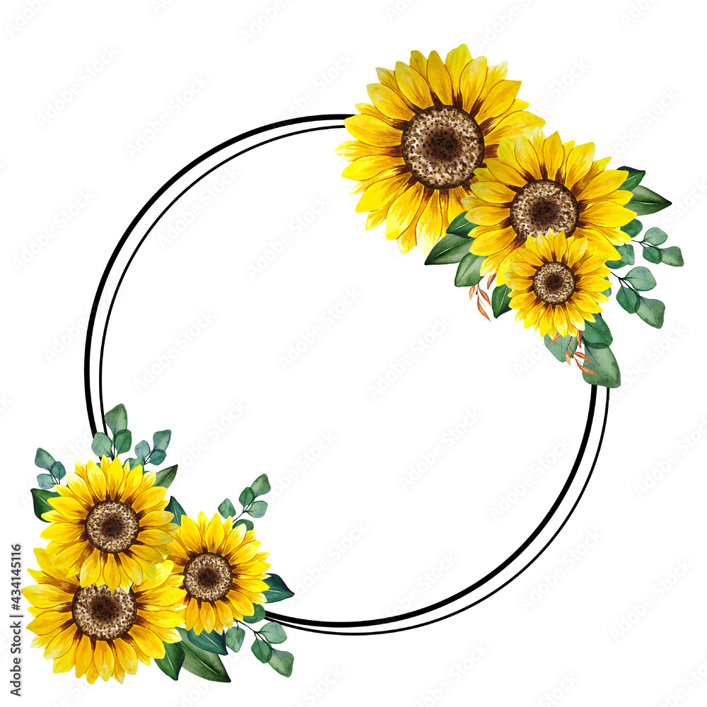 Floral Frames with Sunflowers and Leaves. Watercolor sunflower frame ...