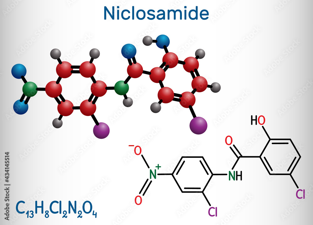 Niclosamide molecule. It is chlorinated salicylanilide, antihelminthic ...