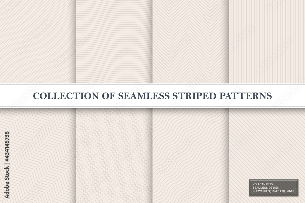 Collection of delicate seamless striped patterns. Fabric beige textures ...