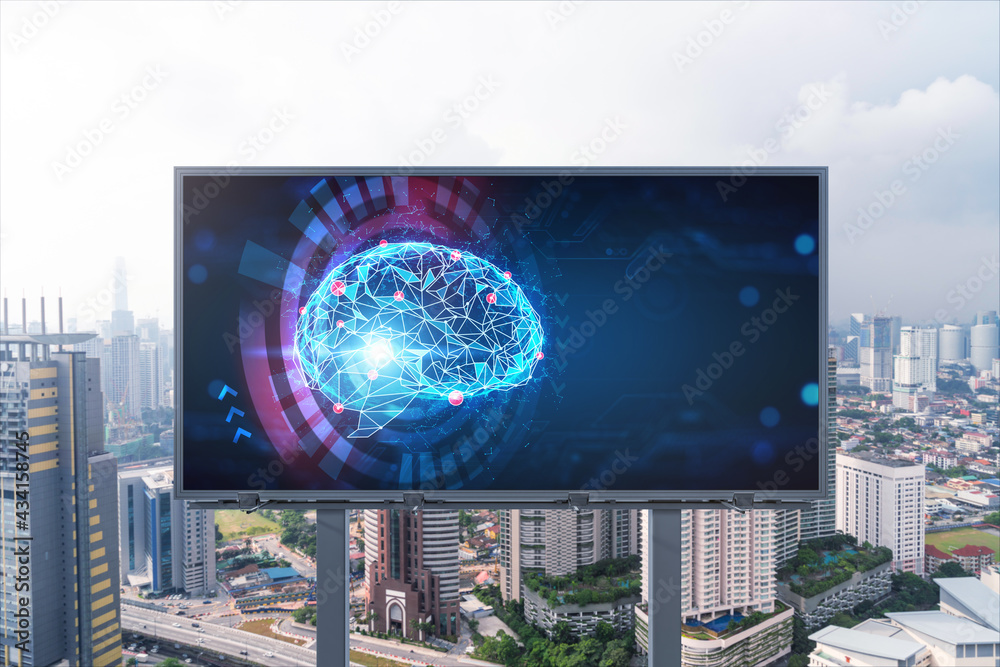 Brain hologram on billboard with Kuala Lumpur cityscape background at ...