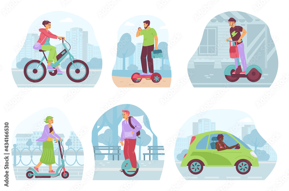 People using modern urban electric transport a flat cartoon vector ...