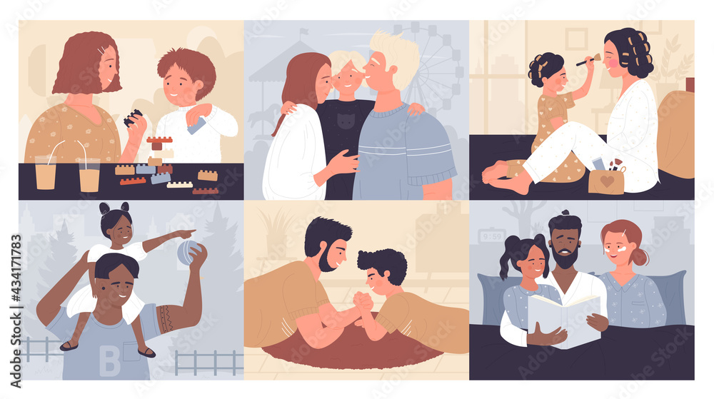 Parents and children, fun time parenthood vector illustration set ...