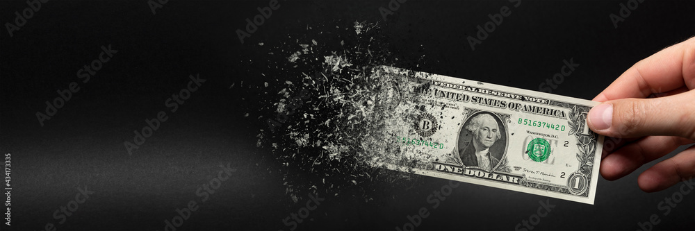 Inflation, dollar hyperinflation. Banner with black background. One ...