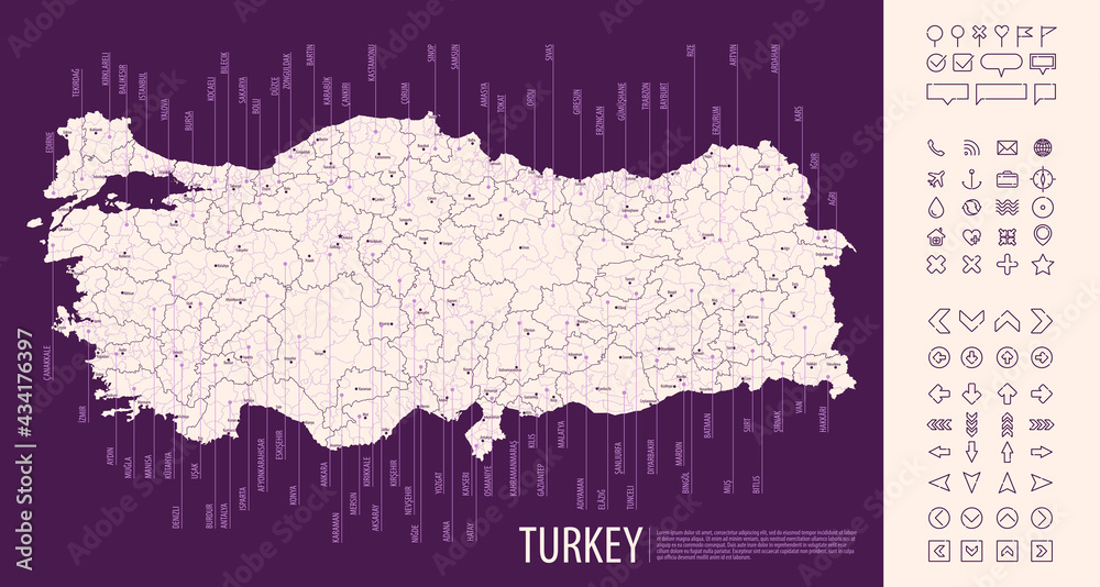 Detailed map of Turkey with administrative divisions on dark background ...