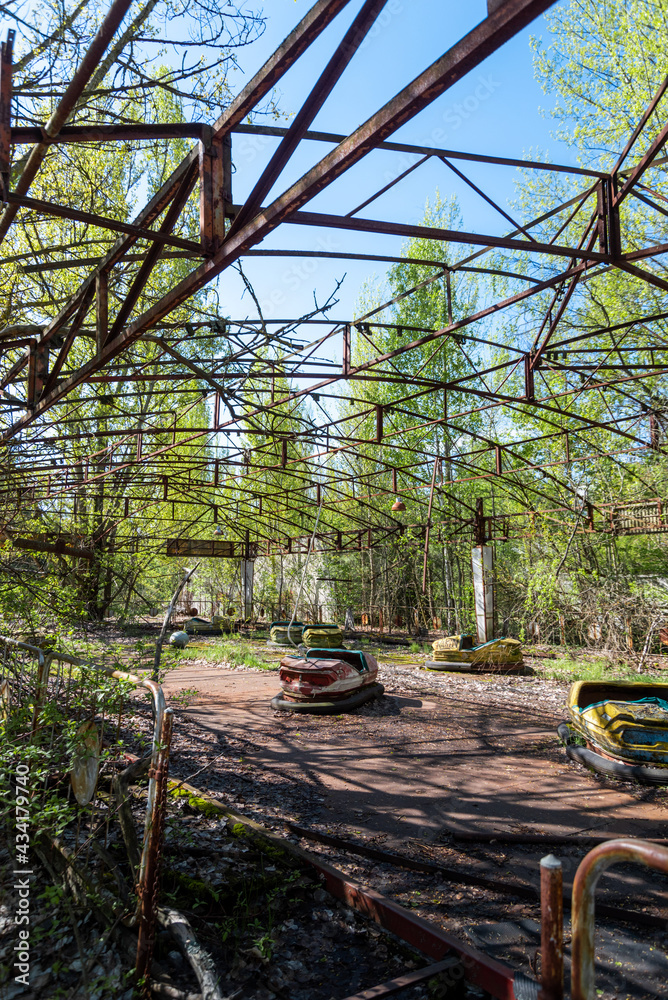 Old broken radioactive cars in amusement park. the most famous ghost ...