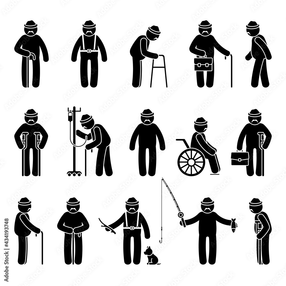 Vektorová grafika „Grandfather stick figure man walking, standing with ...